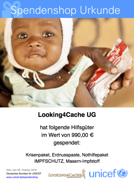 Donation of 990 € to UNICEF | Looking4Cache